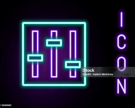 검은 색 배경에 격리 빛나는 네온 라인 사운드 믹서 컨트롤러 아이콘 Dj 장비 슬라이더 버튼 믹싱 콘솔 다채로운 개요 개념 벡터 Dj에 대한 스톡 벡터 아트 및 기타 이미지