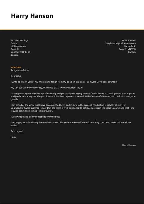 Two Weeks Notice Resignation Template Letter