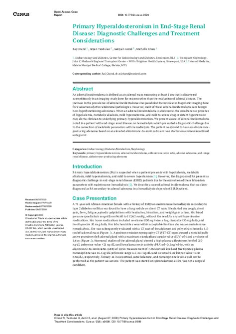 Pdf Primary Hyperaldosteronism In End Stage Renal Disease Diagnostic Challenges And Treatment