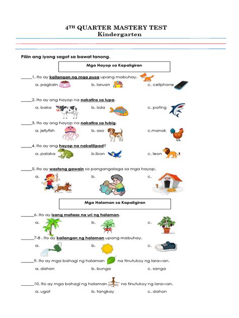 4th Quarter Mastery Test Kinder Pdf
