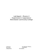 Lab Report 4 Capacitance Copy Docx Lab Report Physics 2 Experiment 4 Capacitance