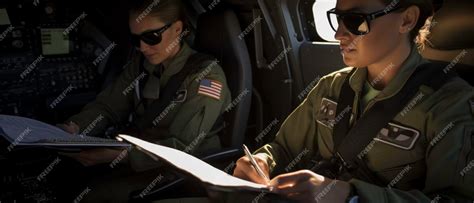 Premium Photo Close Up Of Female Pilot And Copilot With Map In Cockpit Generated By Ai
