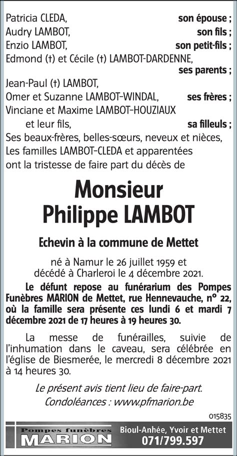 Avis De Décès De Philippe Lambot Décédé Le 04122021 à Gilly Annonce Condoléances Fleurs