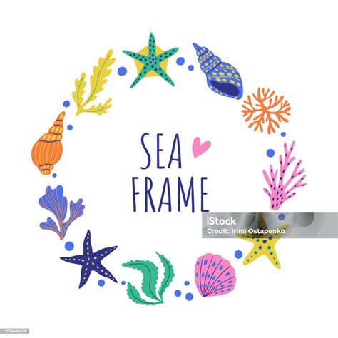 조개껍데기 불가사리 해초가 있는 바다 낙서 프레임 해양 생물 배경입니다 손으로 그린 벡터는 흰색 배경에 고립되어 있습니다 포스터 인사말 및 초대장에 적합합니다 구도에 대한