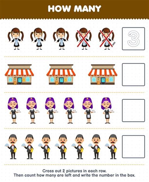 어린이를 위한 교육 게임은 귀여운 만화 메이드 레스토랑 웨이트리스 웨이터의 수를 세고 상자 인쇄 가능한 직업 워크시트에 숫자를 씁니다 프리미엄 벡터