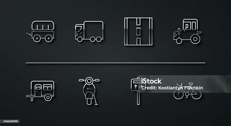 세트 라인 와일드 웨스트 커버 왜건 Rv 캠핑 트레일러 트랙터 도로 교통 표지판 스쿠터 배달화물 트럭 자전거 및 아이콘 벡터 0명에 대한 스톡 벡터 아트 및 기타 이미지