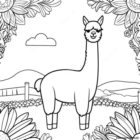 Llama In A Flower Field Coloring Page Coloring