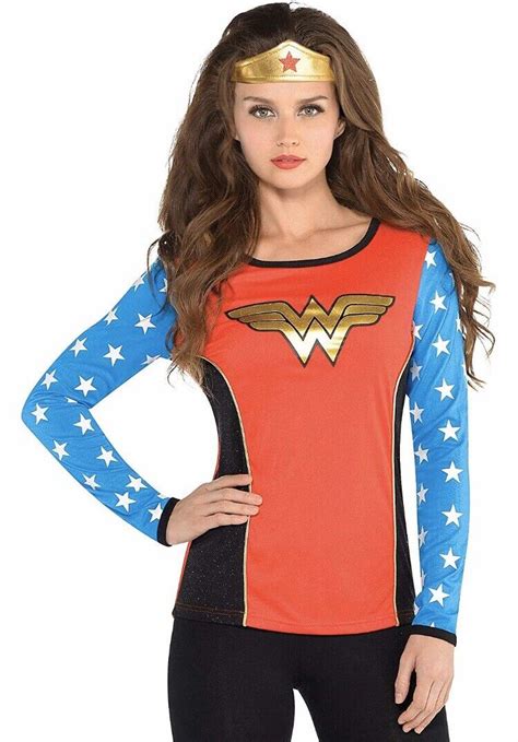 Wonder Woman Long Sleeve Top Tiara Gauntlets Halloween Costume Shirt