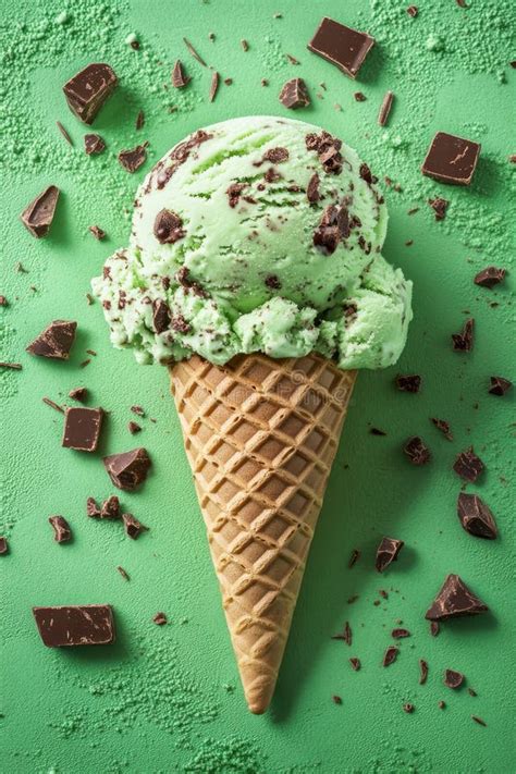 Refreshing Mint Chocolate Chip Ice Cream Cone On Green Background With
