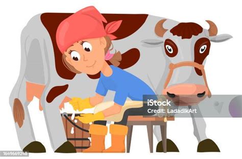 젖소를 착유하는 소녀 만화 여자 농부 캐릭터 흰색에 고립 건초 식물에 대한 스톡 벡터 아트 및 기타 이미지 건초 식물 녹색 농부 Istock