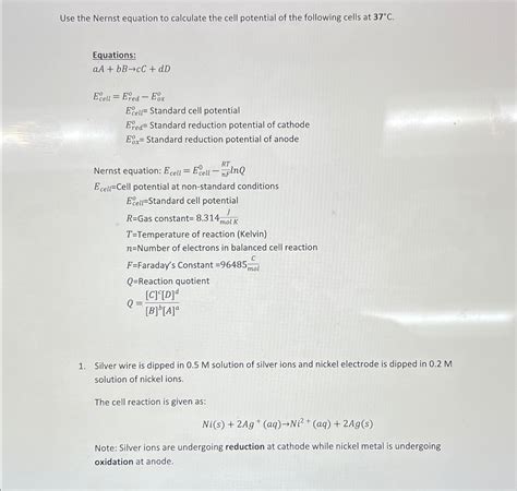 Solved Use The Nernst Equation To Calculate The Cell