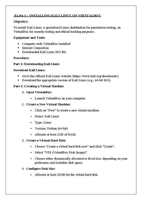 Labmanual Updated Cs Lab Manual Ex 1 Installing Kali Linux On Virtualbox Objective To