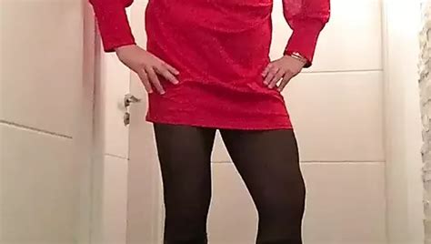 Nicki Crossdress Sexy Red Mini Dress Tights And High Heels 2 Nude Pics