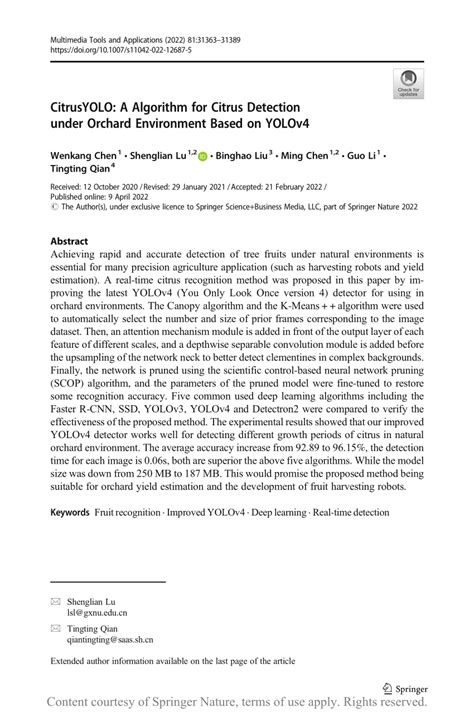 Citrusyolo A Algorithm For Citrus Detection Under Orchard Environment Based On Yolov4 Request Pdf