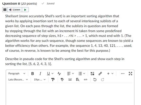 Solved Questıon ४ 20 Points Saved Shellsort More