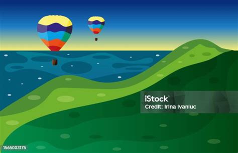 바다의 일몰 햇볕이 잘 드는 산과 풍선이 있는 여름 열대 풍경 해변 풍경 야외 레크리에이션 바다 또는 바다 해안 벡터 그림 벡터에 대한 스톡 벡터 아트 및 기타 이미지