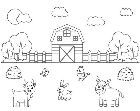 Paisaje De Granja De Color Con Animales Lindos Página Educativa Para