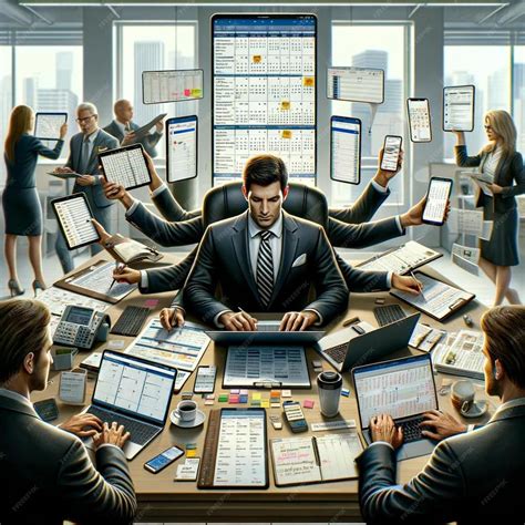 Premium Photo Busy Corporate Office With Multitasking Executive Assistant