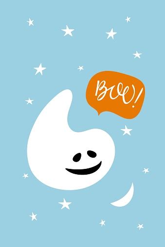 할로윈 카드 흰 웃는 유령이 문부에게 말한다 달과 별귀여운 작은 Ghosblue 배경 재미 해피 할로윈 평면 만화 벡터 일러스트 할로윈에 대한 스톡 벡터 아트 및 기타