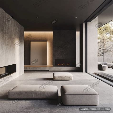 Ai创作图室内设计 极简风格 休闲区 沙发凳 壁炉 落地窗 灰色调 墙面装饰 自然光线 户外景观 石材 软装 空间布局 家居设计 开放式设计 昵图网
