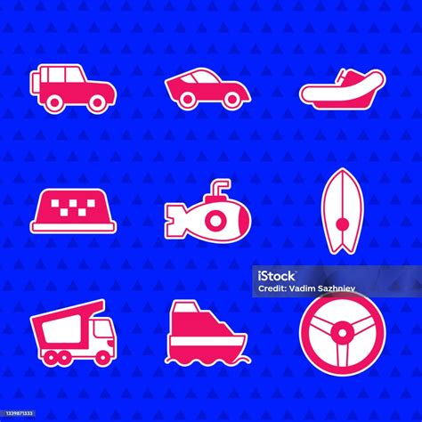 세트 잠수함 크루즈 선박 스티어링 휠 서프 보드 배달화물 트럭 택시 지붕 래프팅 보트와 오프로드 아이콘 벡터 강에 대한 스톡 벡터 아트 및 기타 이미지 Istock