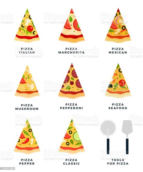 다양한 종류의 피자가 있는 벡터 플랫 아이콘을 설정합니다 피자 도구 맨 위 보기입니다 다양에 대한 스톡 벡터 아트 및 기타 이미지 다양 피자 디자인 Istock