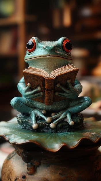 A Blue Frog Figurine With Red Eyes Sits On A Green Lily Pad And Reads A