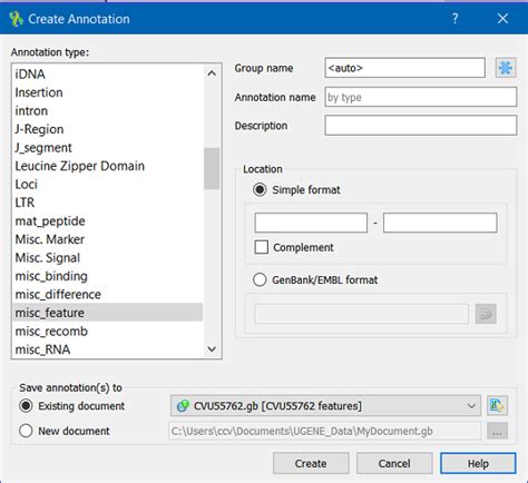 Creating Annotation Ugene Documentation
