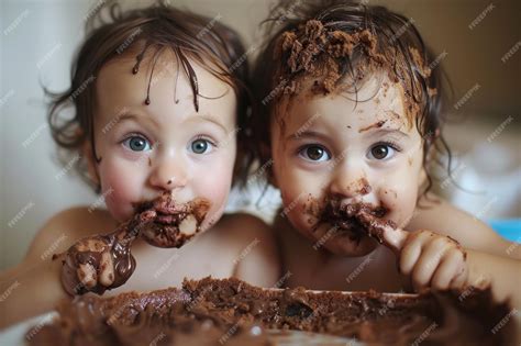 Premium Photo Happy Siblings With Messy Face Licking Chocolate Out Of