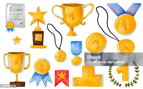 우승자 상 황금 트로피 컵 메달 스포츠 Celemony 무대 졸업장 손으로 그린 만화 그림 보상 콘테스트 세트 1위에 대한 스톡