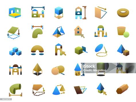 3d 모델링 Cad 플랫 그라디언트 아이콘 세트 3차원 인쇄에 대한 스톡 벡터 아트 및 기타 이미지 3차원 인쇄 3차원 형태 개발 Istock
