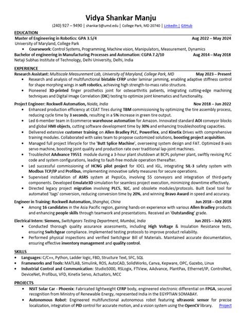 Resume Vidya Shankar Manju Pdf Automation Robotics