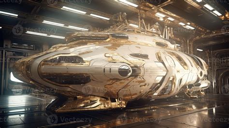 Fantasy Spaceship Scene Against The Backdrop Of A Futuristic City This