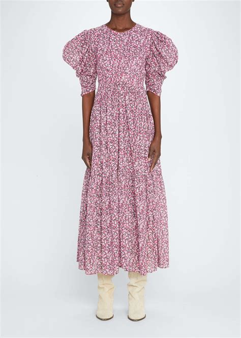 Isabel Marant Sichelle Floral Puff Sleeve Tiered Maxi Dress Pink