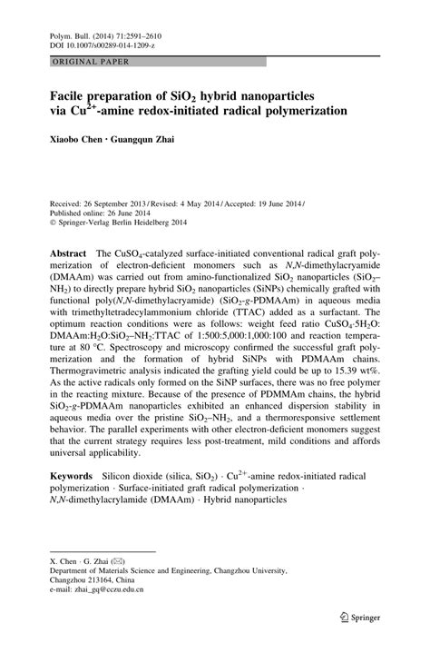 pdf facile preparation of sio2 hybrid nanoparticles via cu2 amine