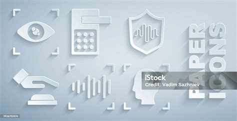 Set Voice Recognition Shield Voice Palm Print Face Digital Door Lock And Eye Scan Icon Vector