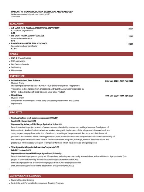 Pamarthi Venkata Durga Sesha Sai Anu Sandeep Resume Pdf Agriculture