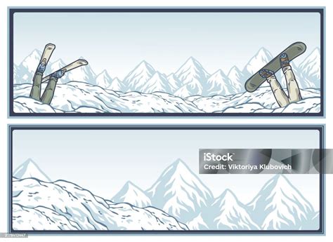 겨울 포스터 세트 또는 표지판 눈 배경 또는 겨울 배경 컬렉션 눈 속에 파묻힌 스키어와 스노보더를 특징으로 하는 겨울 스포츠 수평 배너 일러스트레이션 모음입니다 겨울에 대한
