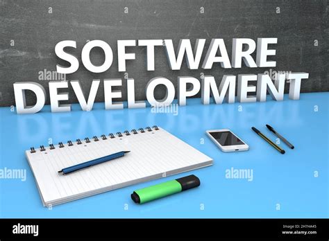 software development text concept with chalkboard notebook pens and