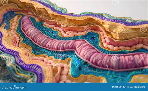 Intricate Textures Of Colon S Mucosal Submucosal Layers In Vibrant Educational Illustration
