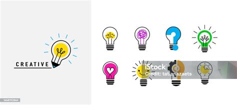 전구 세트 창조적 인 로고 벡터 그림입니다 심플하고 플랫한 미니멀 스타일로 다양한 아이디어를 가진 양식화된 전등 전구에 대한 스톡 벡터 아트 및 기타 이미지 Istock
