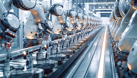 Premium Photo Production Line Of Robotic Arms Assembling Complex Machinery In Modern Factory