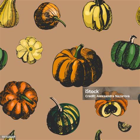 펌 킨 벡터 완벽 한 패턴입니다 스케치 그림 빈티지 잉크 손 갈색 배경에 호박의 그려진 된 컬렉션입니다 직물 벽지 포장을 위해 중대 한 10월에 대한 스톡 벡터 아트 및
