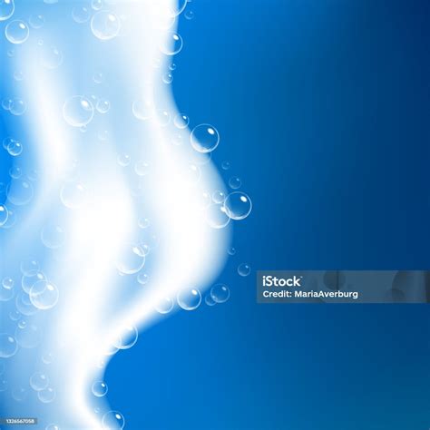 거품이있는 사실적인 비누 거품이있는 아름다운 파란색 배경 샴푸 거품 질감 빛나는 세척 위생 세제 텍스트의 빈 장소입니다 벡터