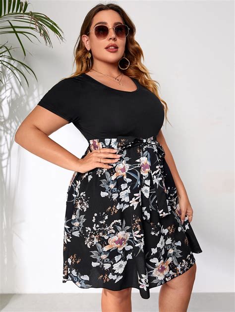 Shein Lune Plus Floral Print Belted Dress Shein Usa