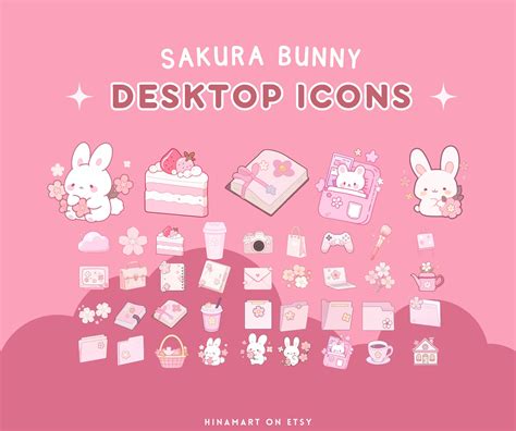 Sakura Bunny Pink Desktop Icons Set Cute Desktop Organizer Icon Kawaii