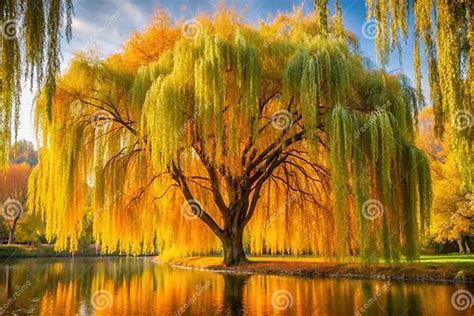 Weeping Willow Tree In Autumn With Different Shades Of Leaves Ai