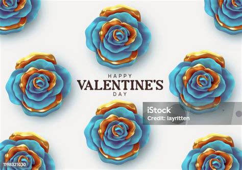 해피 발렌타인 데이 현실적인 3d 꽃 금속 장미 파란색과 금색 배경 꽃 봉오리의 패턴입니다 벡터 일러스트레이션 0명에 대한 스톡