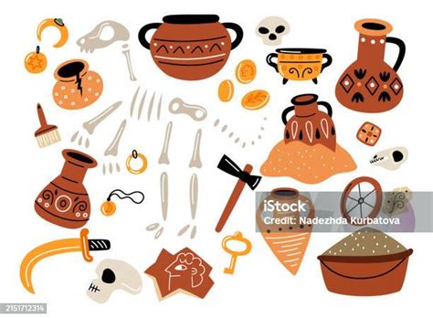 만화 고고학 고생물학 탐험대 고대 토기 공룡 골격 두개골과 뼈 굴착 장비 역사적 유물 벡터 고고학 요소 세트 개체 그룹에 대한 스톡 벡터 아트 및 기타 이미지 Istock