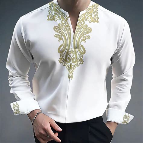 Mens Shirt Floral Graphic Prints V Neck White Khaki Outdoor Street